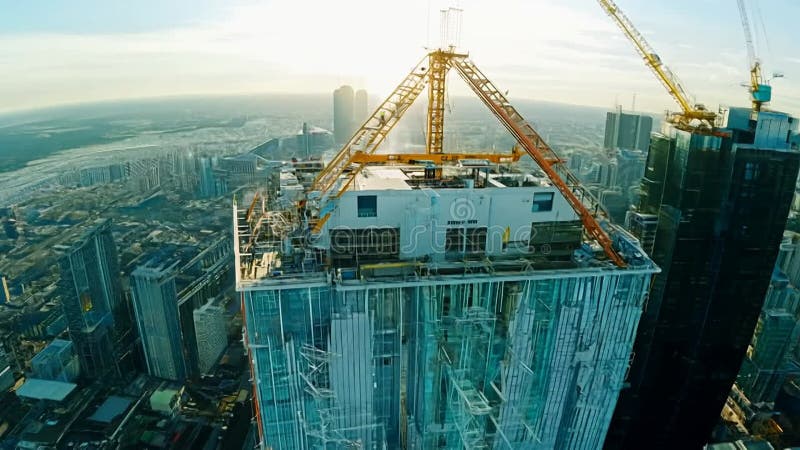 An Aerial View of a Skyscraper Under Construction. the Camera Pans ...