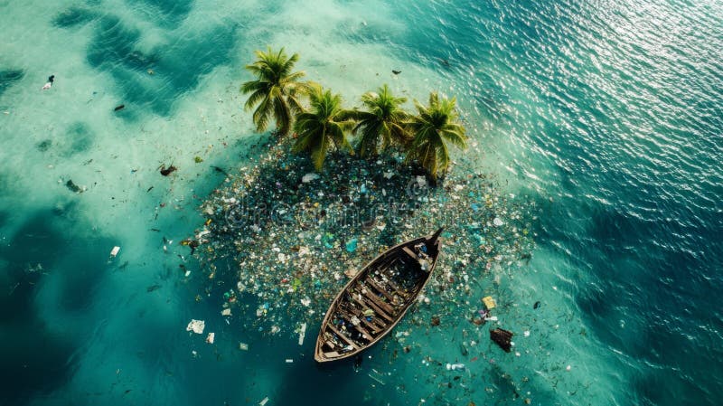 An Aerial View of a Small Boat Surrounded by Plastic Pollution in a ...