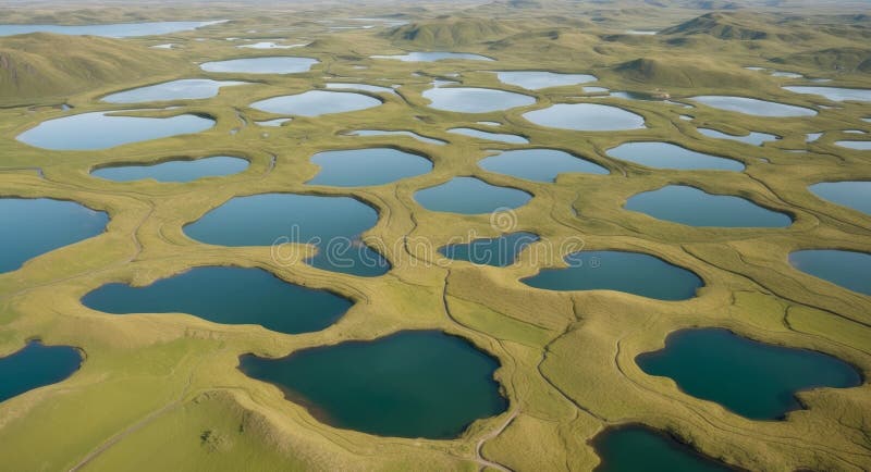 Aerial View of Small Lakes Dotting Green Landscape. Stock Illustration ...