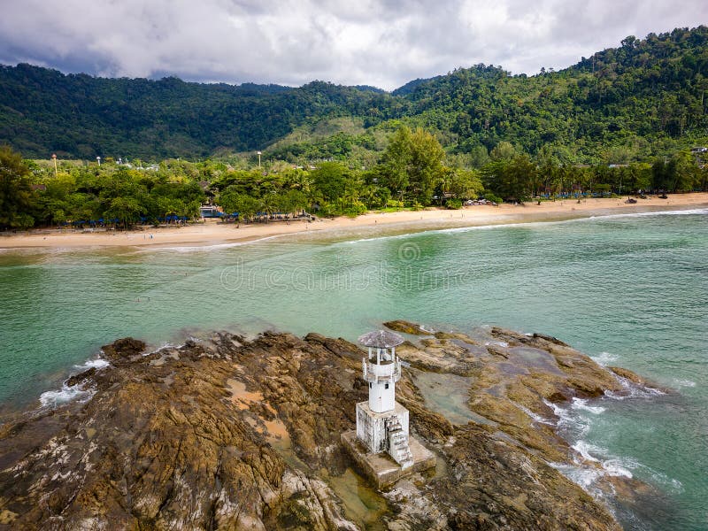 Aerial View Small Lighthouse Located Rock Offshore Tropical Beach Stock ...