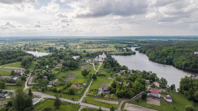 Aerial View of a Small River with Church Stock Photo - Image of natural ...
