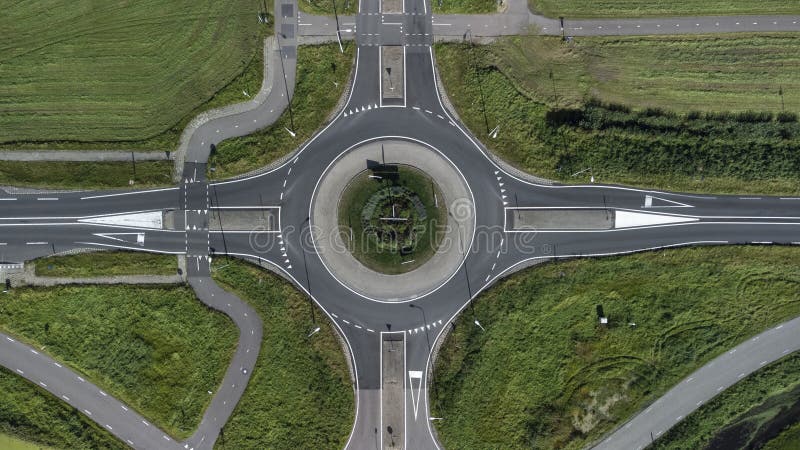 Aerial View of a Small Roundabout at the Intersection of Two Asphalted ...