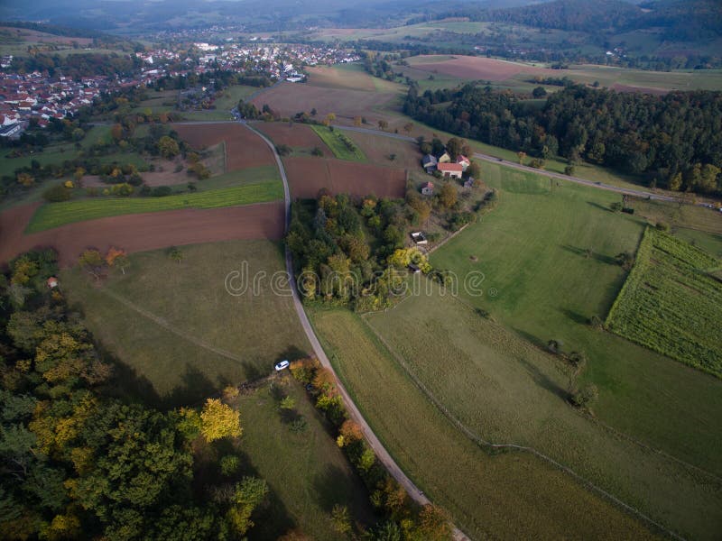 Aerial View: Small Town, Fields and Trees in Autumn Stock Image - Image ...