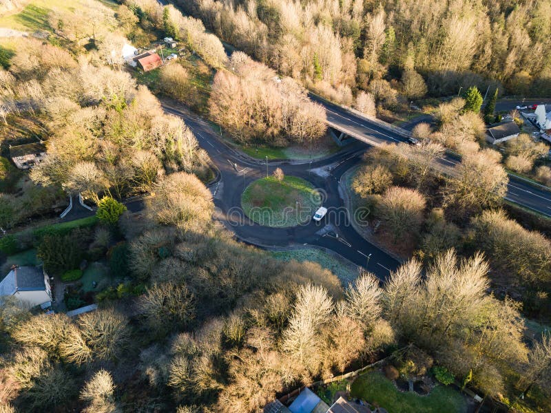 Aerial View of a Small Traffic Roundabout in Winter Stock Photo - Image ...