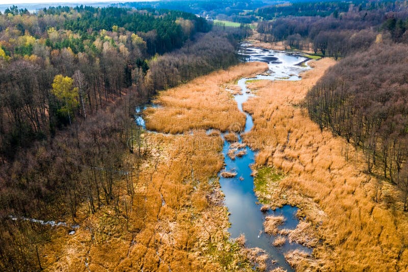 Aerial View of Small Winding River in Brown Swamps Stock Photo - Image ...