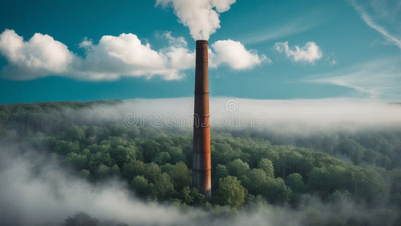 Aerial View of Smoke Stack Emerging from Lush Green Forest Canopy ...