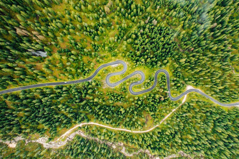 Aerial View of Snake Road Passing through the Green Forest Stock Photo ...