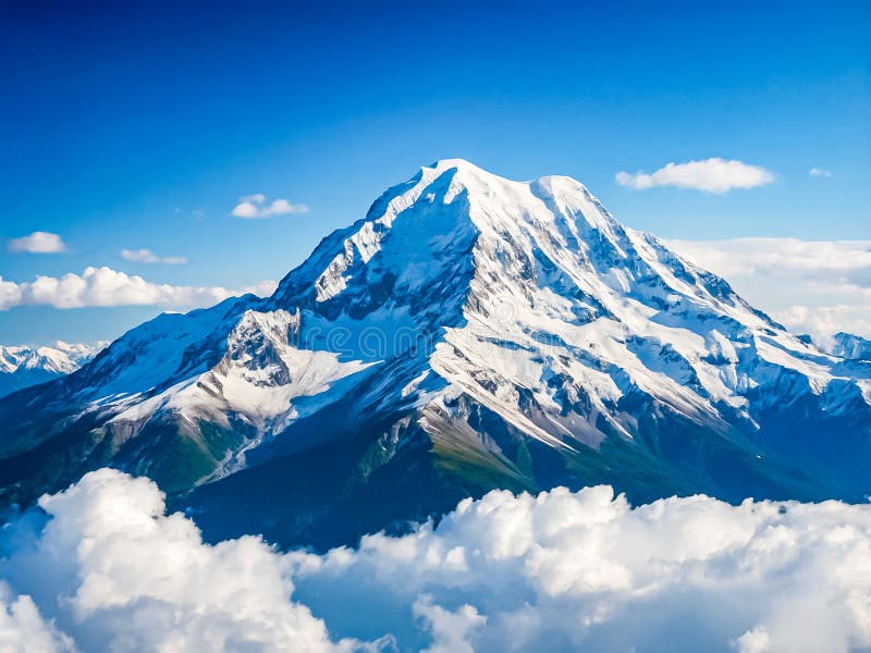 Aerial View of Snow Capped Mountain, the Bright White Fluffy Clouds and the Blue Sky Stock ...