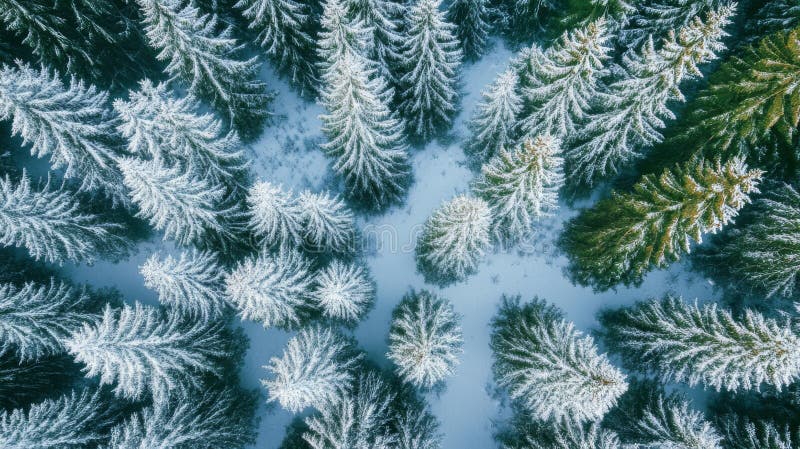 Aerial View of Snow-Covered Evergreens in a Winter Forest Stock ...