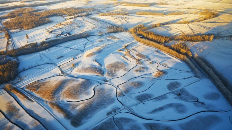 Aerial View of Snow Covered Fields and Meadows at Sunset Stock ...