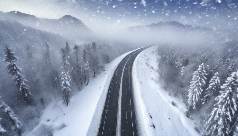 Aerial View of Snow-covered Highway in the Mountains Stock Illustration ...