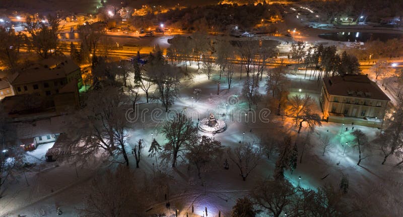 Aerial View of Snow-covered Town during Snow Storm at Nighttime Stock ...