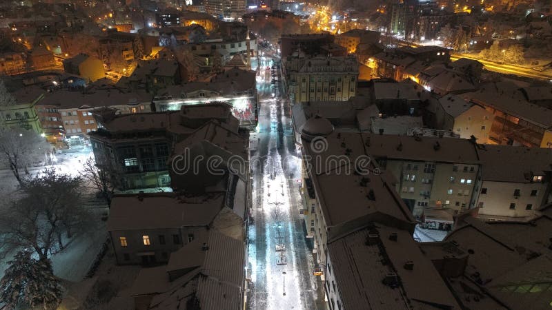 Aerial View of Snow-covered Town during Snow Storm at Nighttime Stock ...