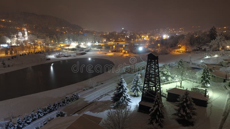 Aerial View of Snow-covered Town during Snow Storm at Nighttime Stock ...
