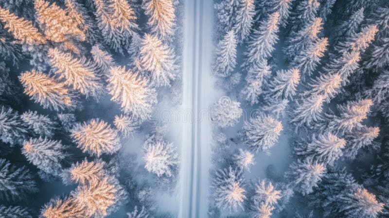 Aerial View of a Snowy Forest Path Stock Illustration - Illustration of ...