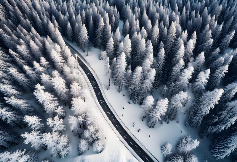 Aerial View of Snowy Forest with a Road Stock Illustration ...