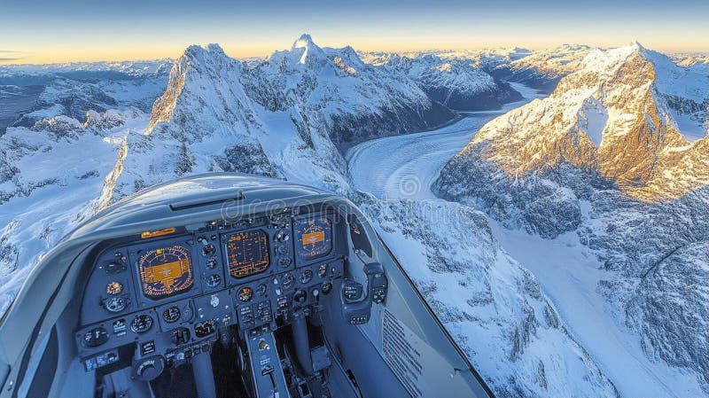 Aerial View of Snowy Mountain Range from Airplane Cockpit at Sunrise ...