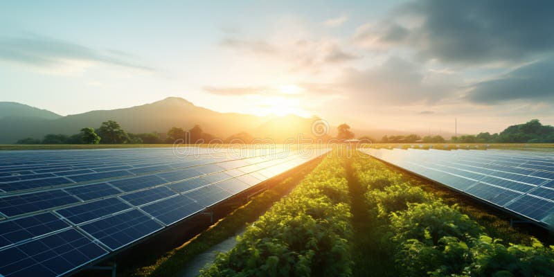 Aerial View of a Solar Farm Generating Solar Power Over Many Rows of ...