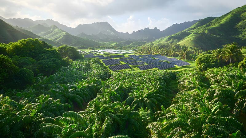Lush Green Tropical Landscape with Solar Farm Mountains AI Generated ...