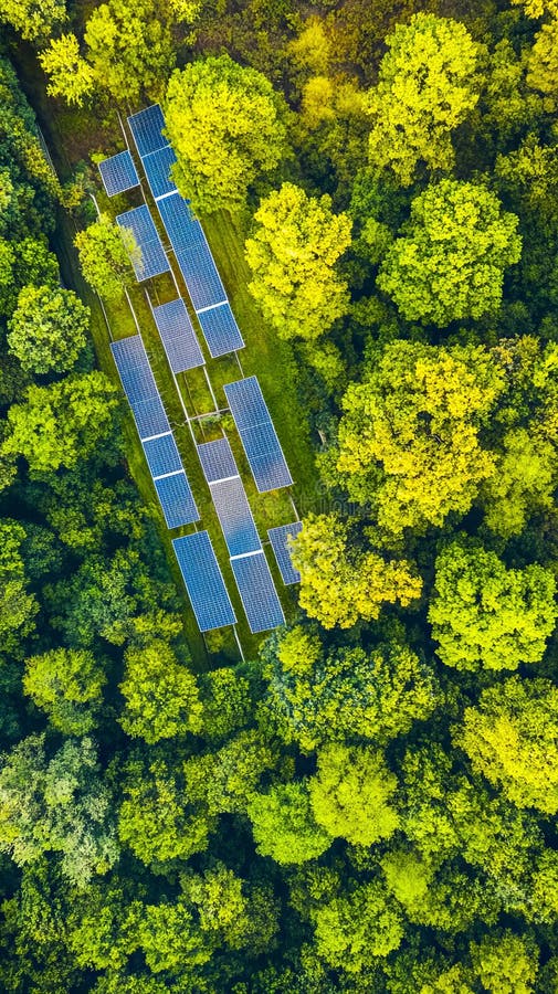 Aerial View of a Solar Farm Surrounded by Trees Stock Image - Image of ...