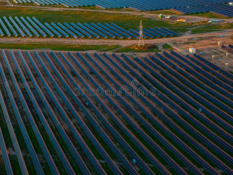 Aerial View of Solar Farm and Transmission Tower in Lithuania Stock ...
