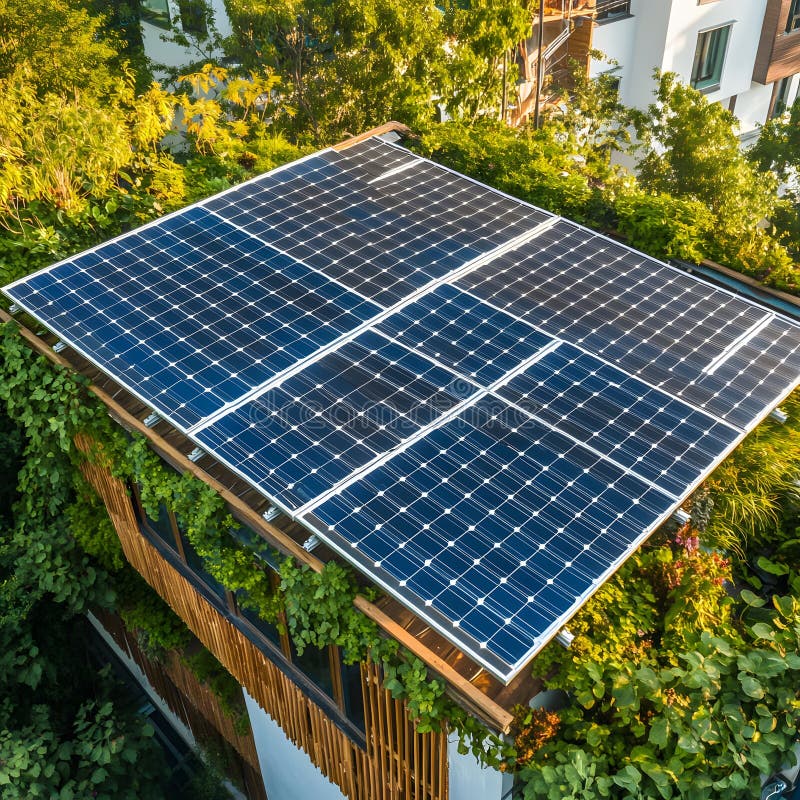 Dark Blue Solar Panels on Green Roof with Lush Vegetation Stock ...
