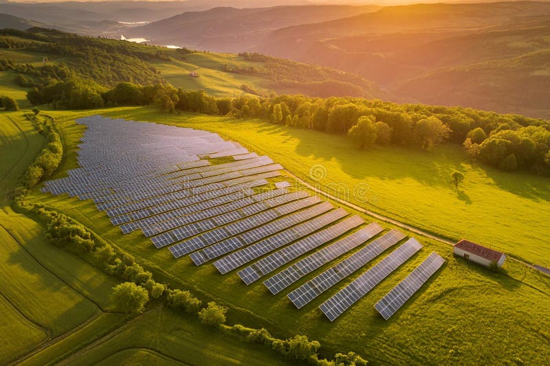 Aerial View of Solar Panels on the Beautiful Deep Green Landscape Stock ...