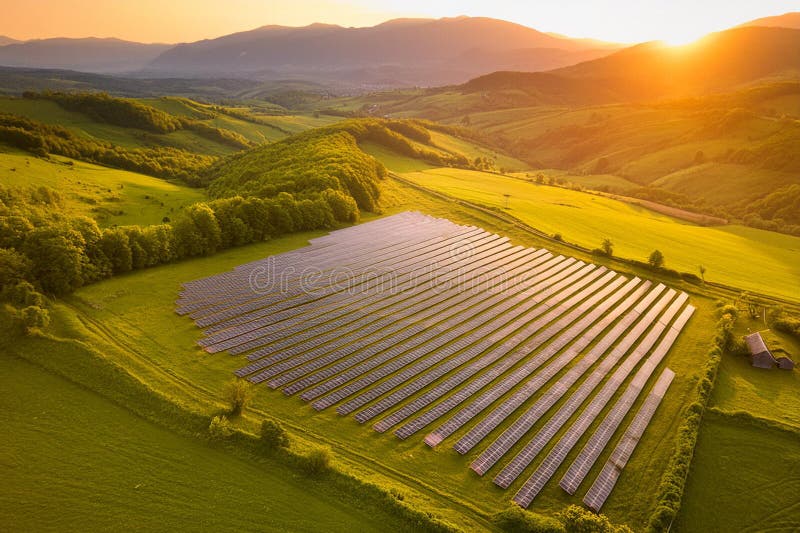 Aerial View of Solar Panels on the Beautiful Deep Green Landscape Stock ...