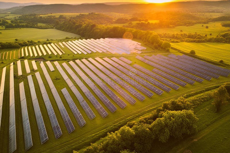 Aerial View of Solar Panels on the Beautiful Deep Green Landscape Stock ...