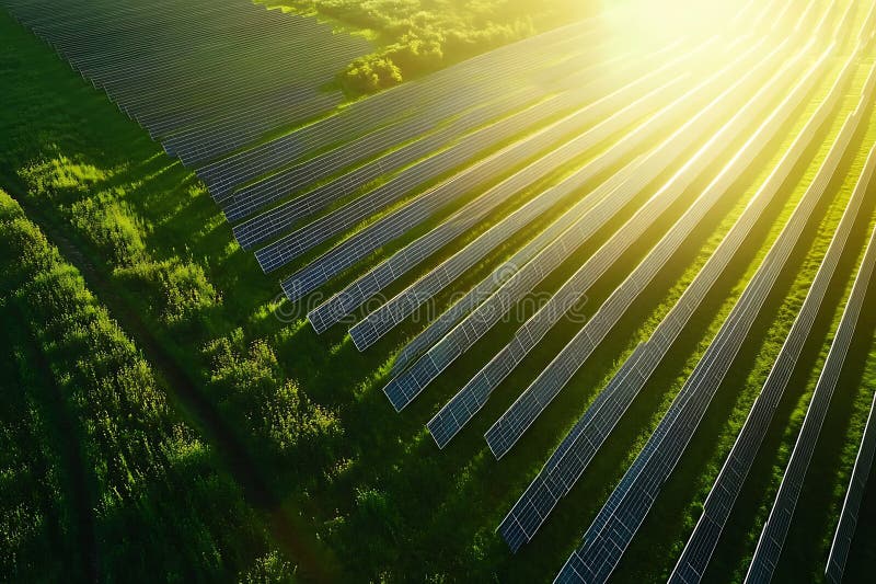 Aerial View of Solar Panels in a Field at Sunset Stock Illustration ...