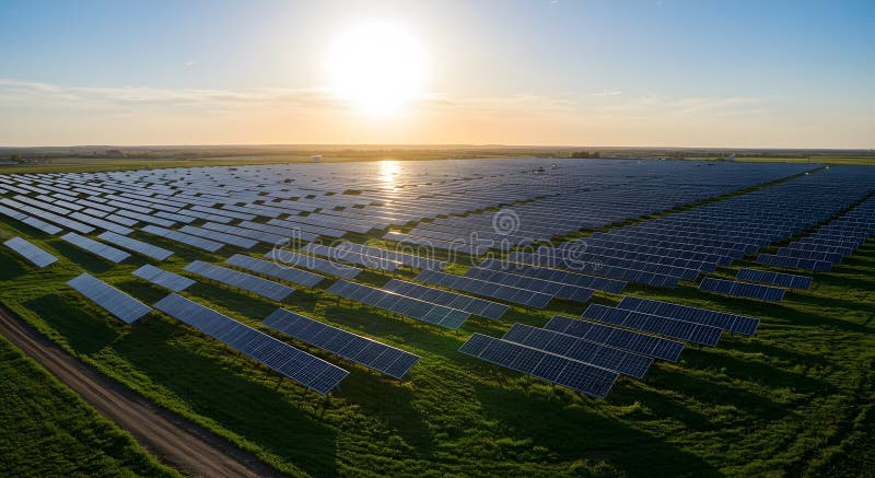 Aerial View of Solar Panels in Field during Sunset for Energy Stock ...
