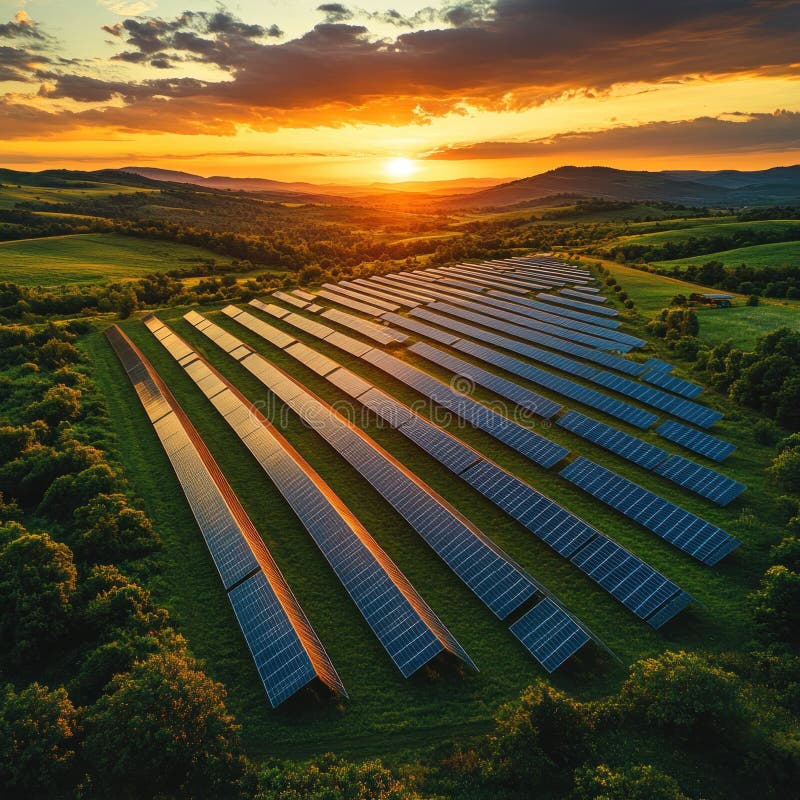 Aerial View of Solar Panels in a Green Landscape during Sunset Stock ...