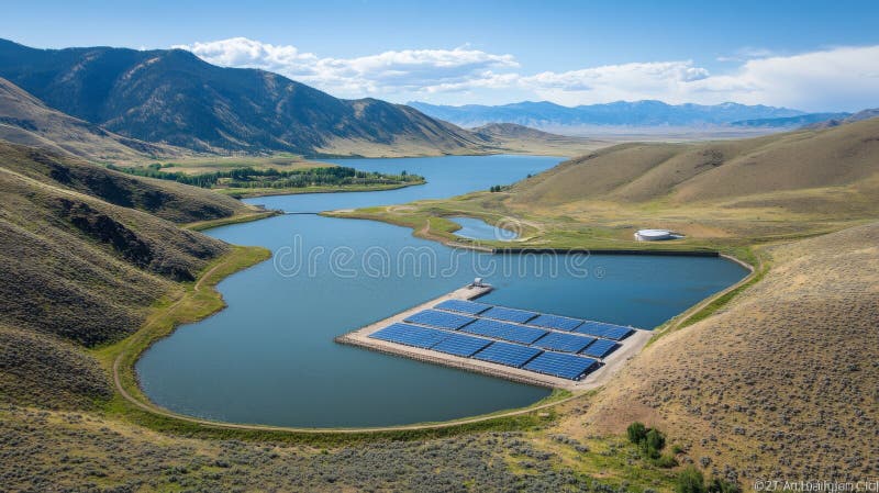 Aerial View of Solar Panels by Mountain Lake Stock Illustration ...