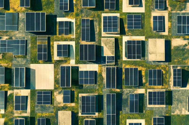 Aerial View of Solar Panels on Roofs in Urban Environment Stock ...