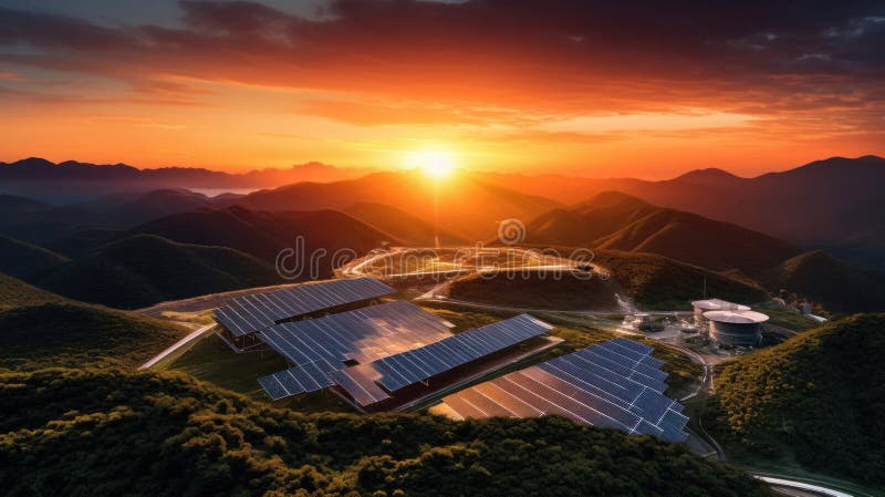 Aerial View of the Solar Power Plant on the Top of the Mountain Stock ...