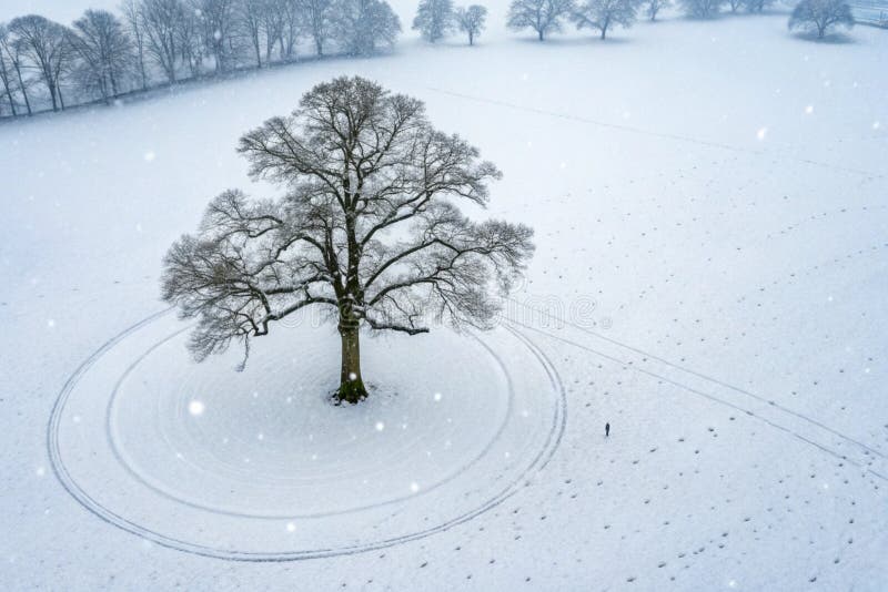 Aerial View of Solitary Tree in a Circular Snow Pattern - Generated by ...