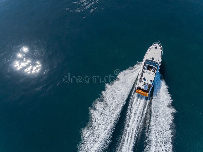 Aerial view of speed boat stock image. Image of drone - 205713309