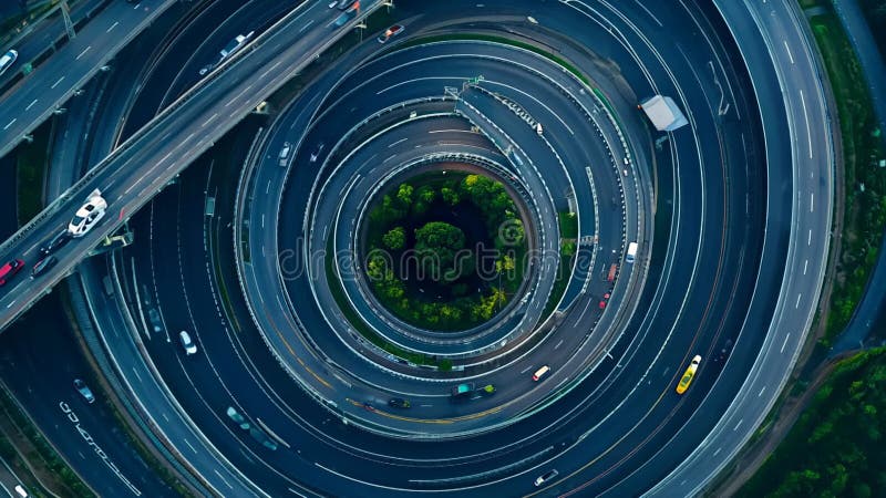 Aerial View of a Spiral-shaped Highway Interchange at Night, Creating a ...