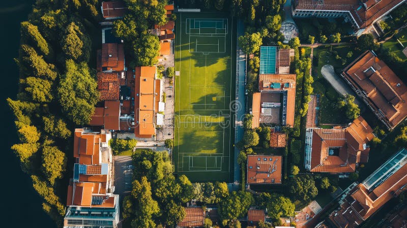 Aerial View of Sports Complex Surrounded by Greenery and Buildings ...