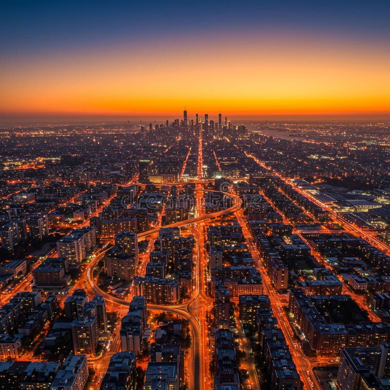 Aerial View of a Sprawling Cityscape at Dusk with a Glowing Skyline ...