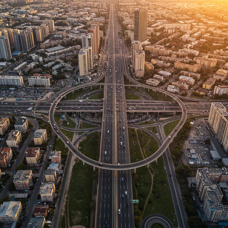 Aerial View of a Sprawling Cityscape Featuring a Complex Highway ...