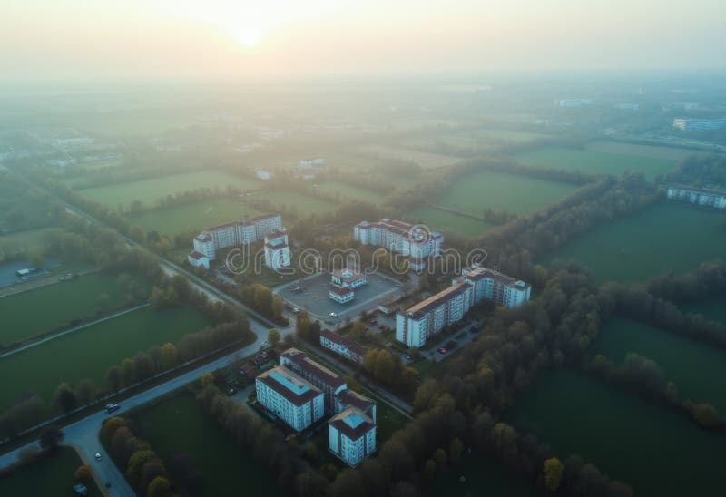 Aerial View of a Sprawling Complex Surrounded by Greenery during ...