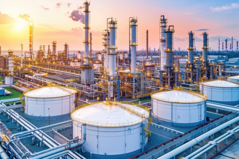 An Aerial View of a Sprawling Industrial Complex, with Towering Structures Bathed in the Golden ...