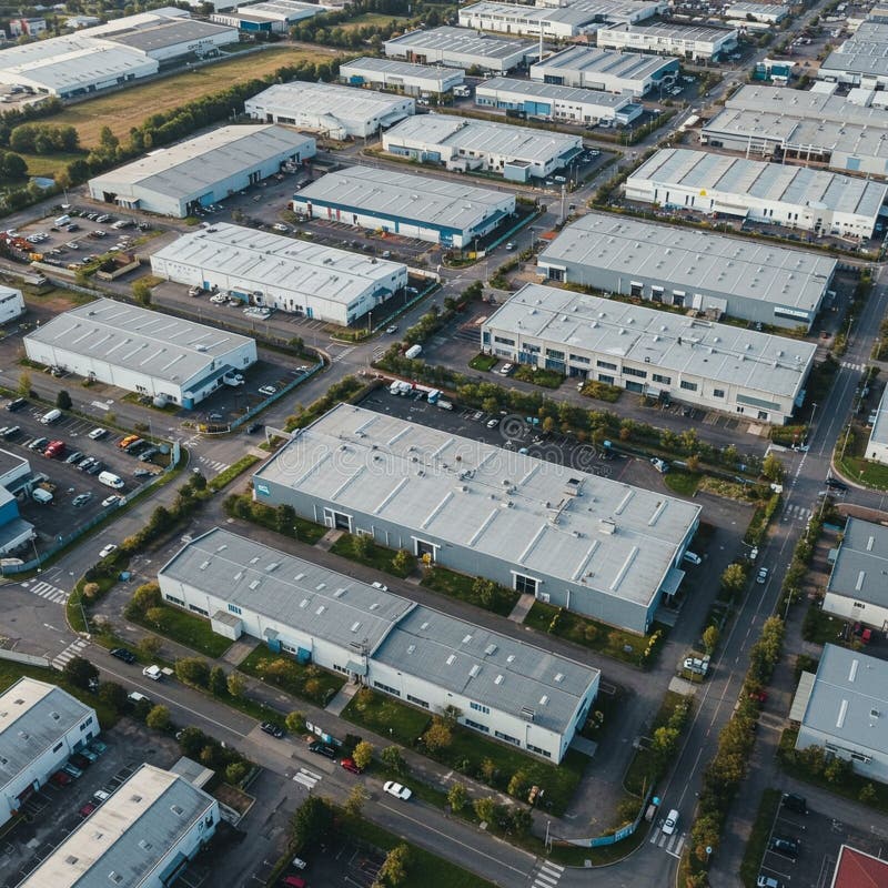 Aerial View of a Sprawling Industrial Park with Multiple Rectangular ...