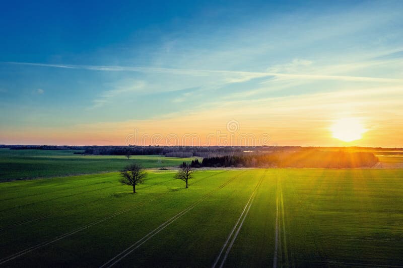 Aerial View of Spring Fields at Sunset Stock Photo - Image of panorama ...