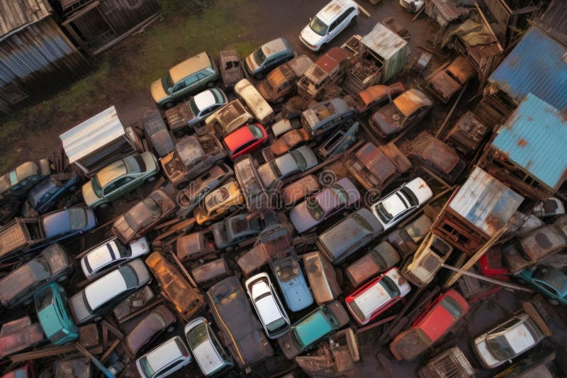 Aerial View of Stacked Aged Vehicles in Junkyard Stock Illustration ...
