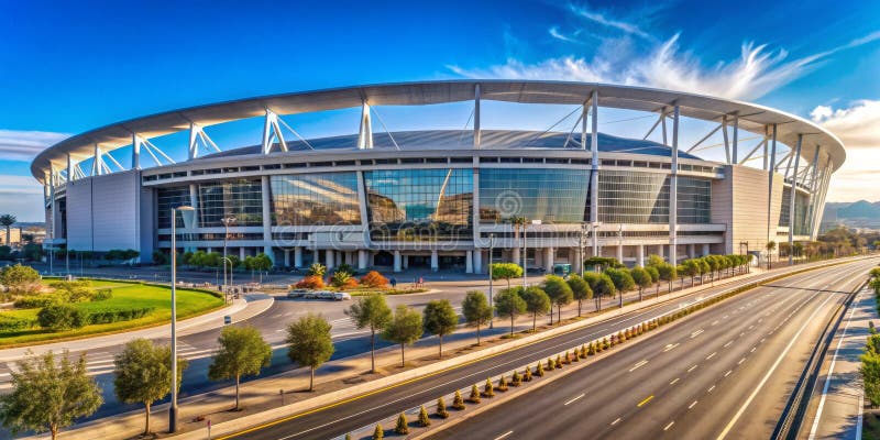Aerial View of Stadium with Reflected Sky and Empty Road - Modern ...