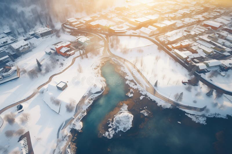 Aerial View of a Steaming Hot Spring Surrounded by Snow Stock ...