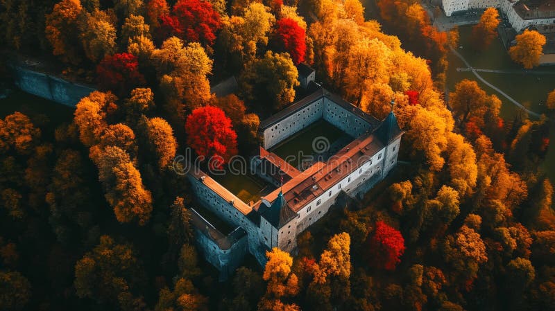 Aerial View of Stone Castle Surrounded by Autumn Forest Stock ...