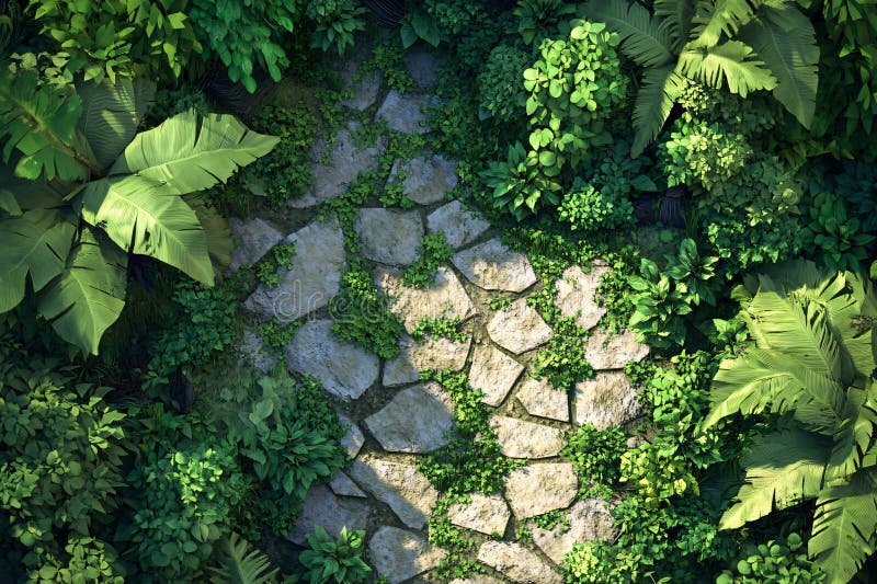 Aerial View Stone Pathway Lush Tropical Garden High Quality Image Stock ...